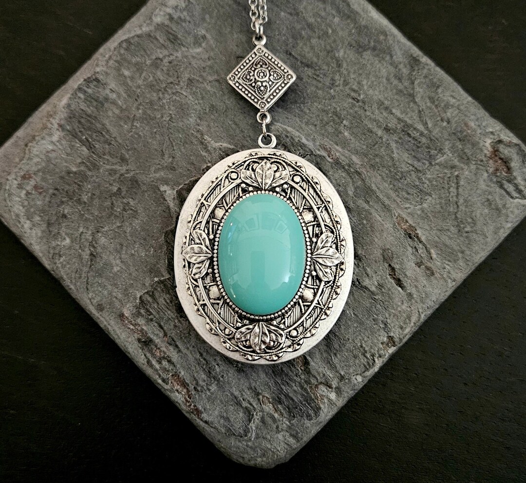 Art Deco Turquoise Locket, Oval Blue Locket, Large Locket Necklace ...