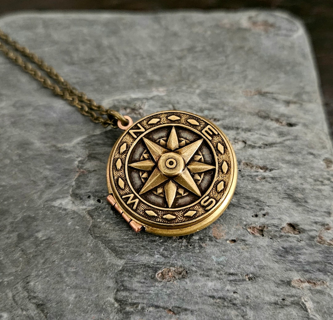 Compass Rose Locket Necklace, Nautical Locket, Antique Brass Round ...