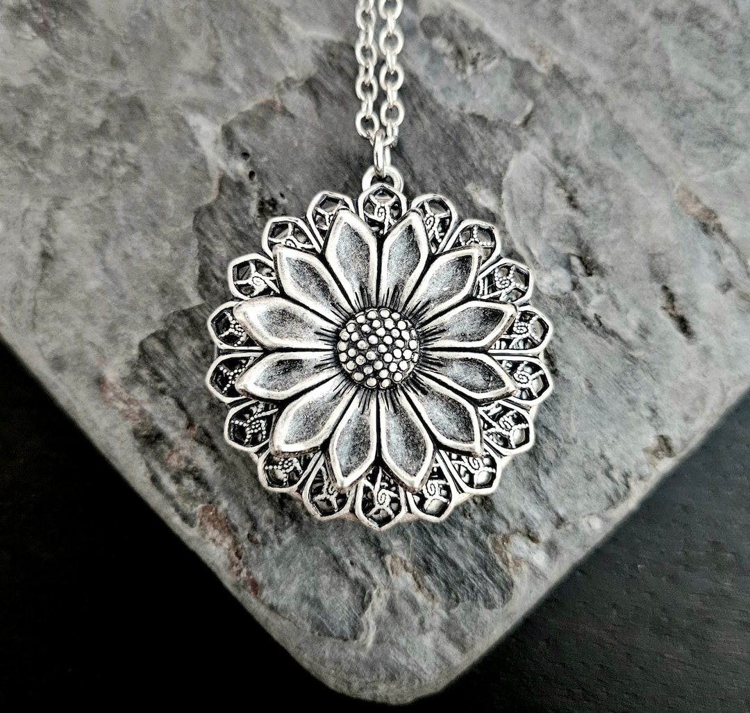 Sunflower Locket, Flower Locket Necklace, Silver Locket, Floral Locket ...