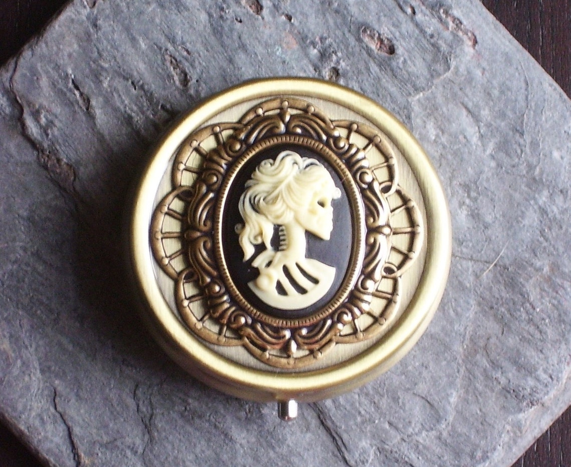 Skeleton Cameo Pill Box Antique Brass Pill Box Halloween - Etsy