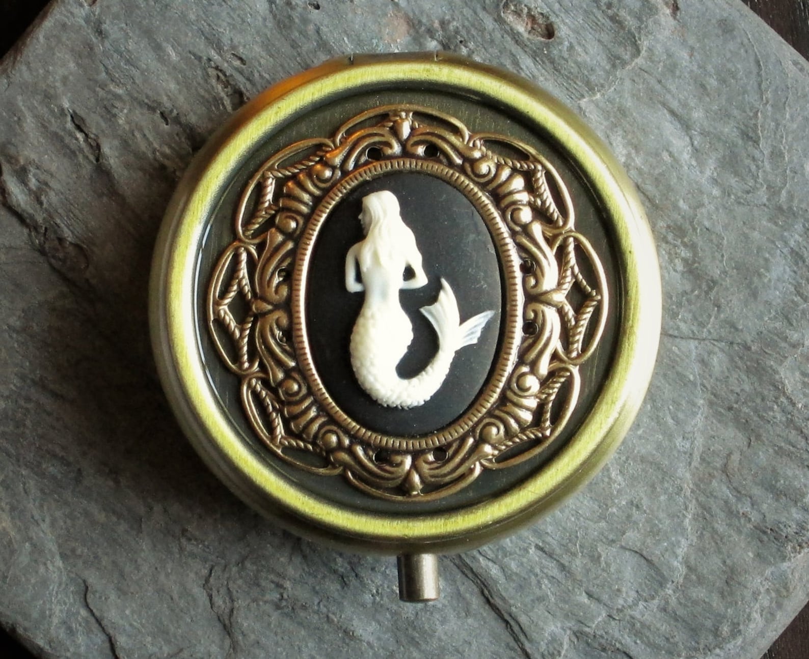 Mermaid Pill Box Antique Brass Cameo Pill Box Nautical Pill - Etsy
