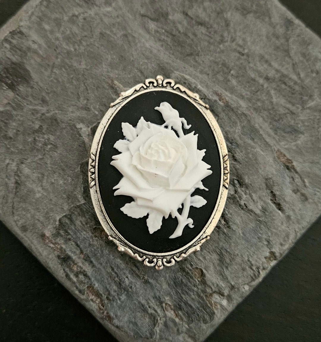 White Rose Cameo Brooch, White Flower Cameo Brooch, Antique Silver ...