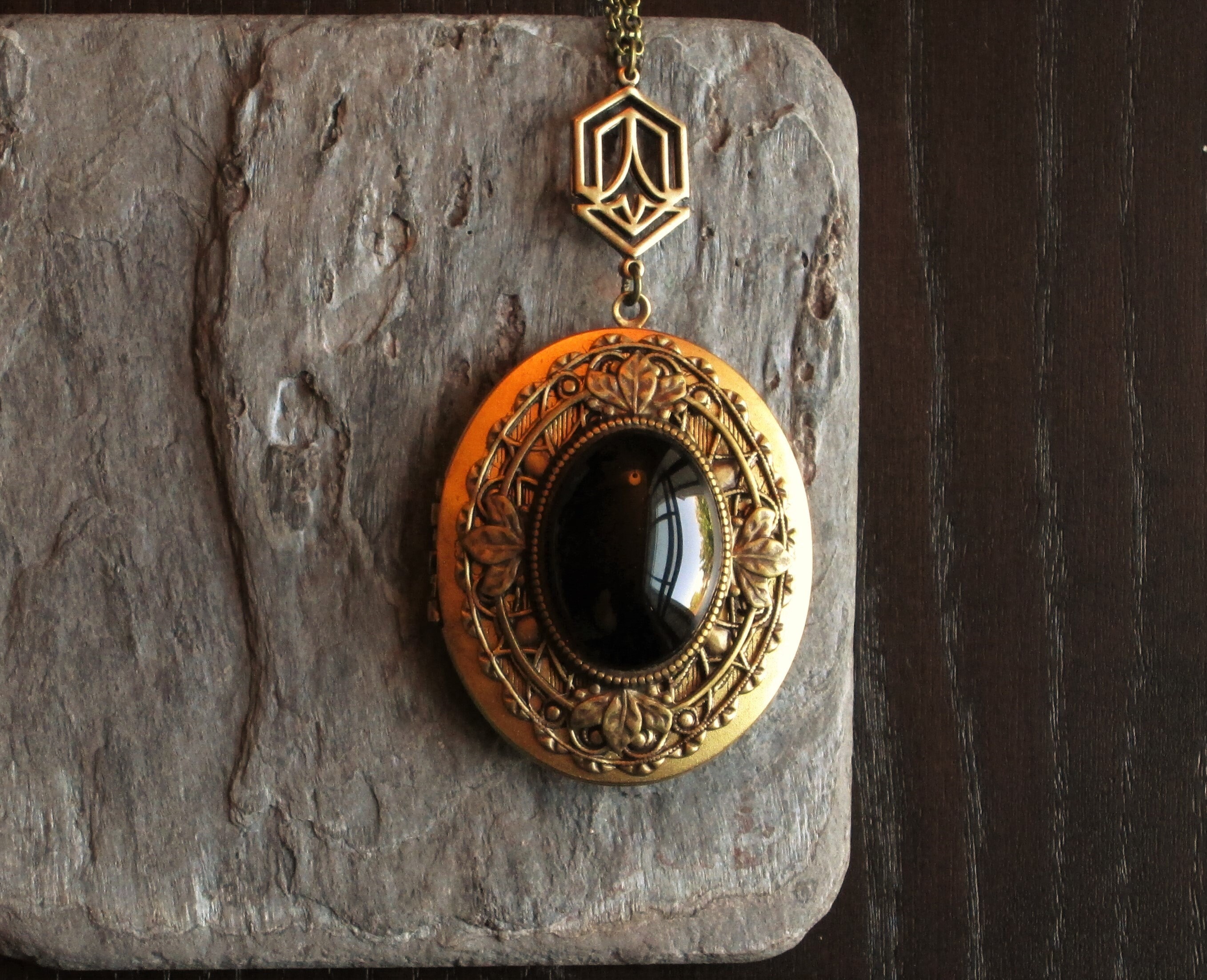 Art deco onyx locket oval gemstone locket large locket | Etsy