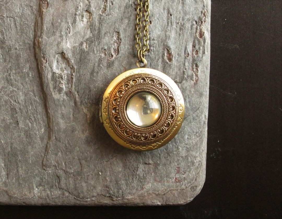 Antique Brass Locket Filigree Locket Vintage Glass Locket - Etsy