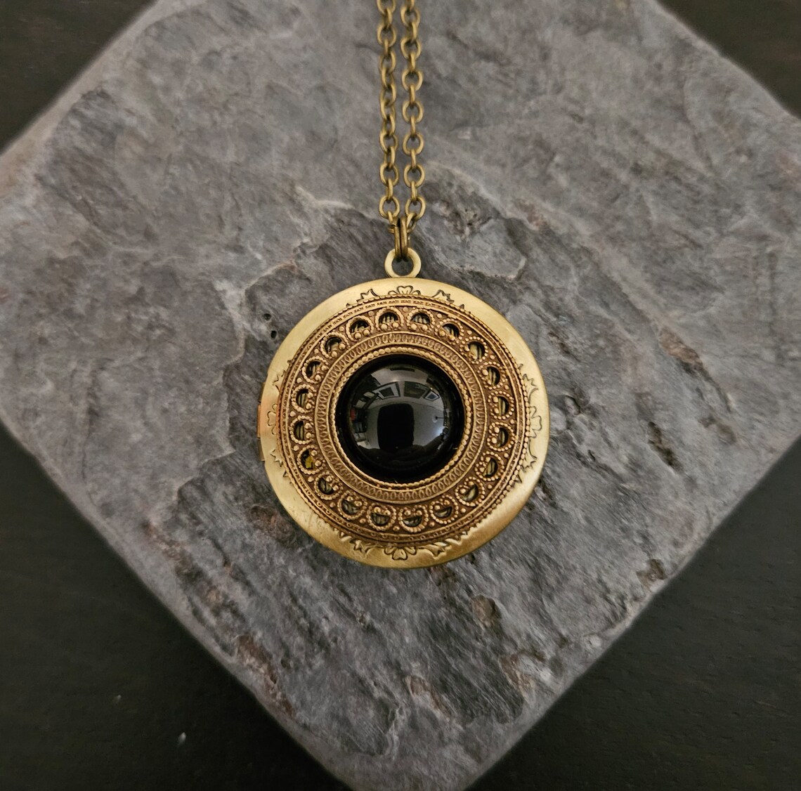 Onyx Locket, Black Gemstone Locket, Onyx Jewelry, Black Locket, Bronze ...