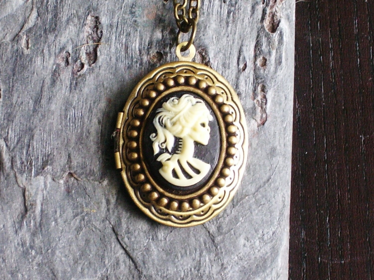 Black skeleton cameo locket necklace antique brass locket | Etsy