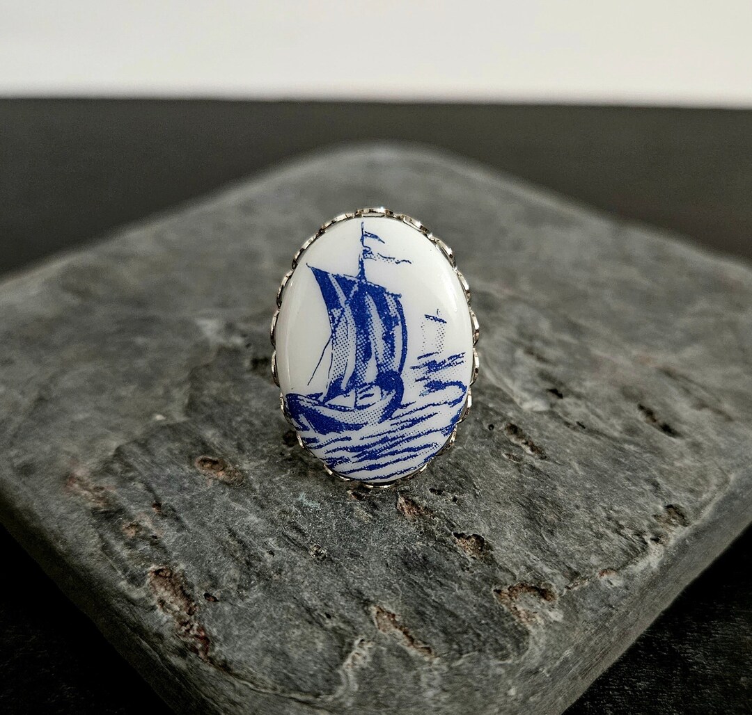 Blue Delft Ring, Sailboat Ring, Porcelain Ring, Cameo Ring, Antique ...