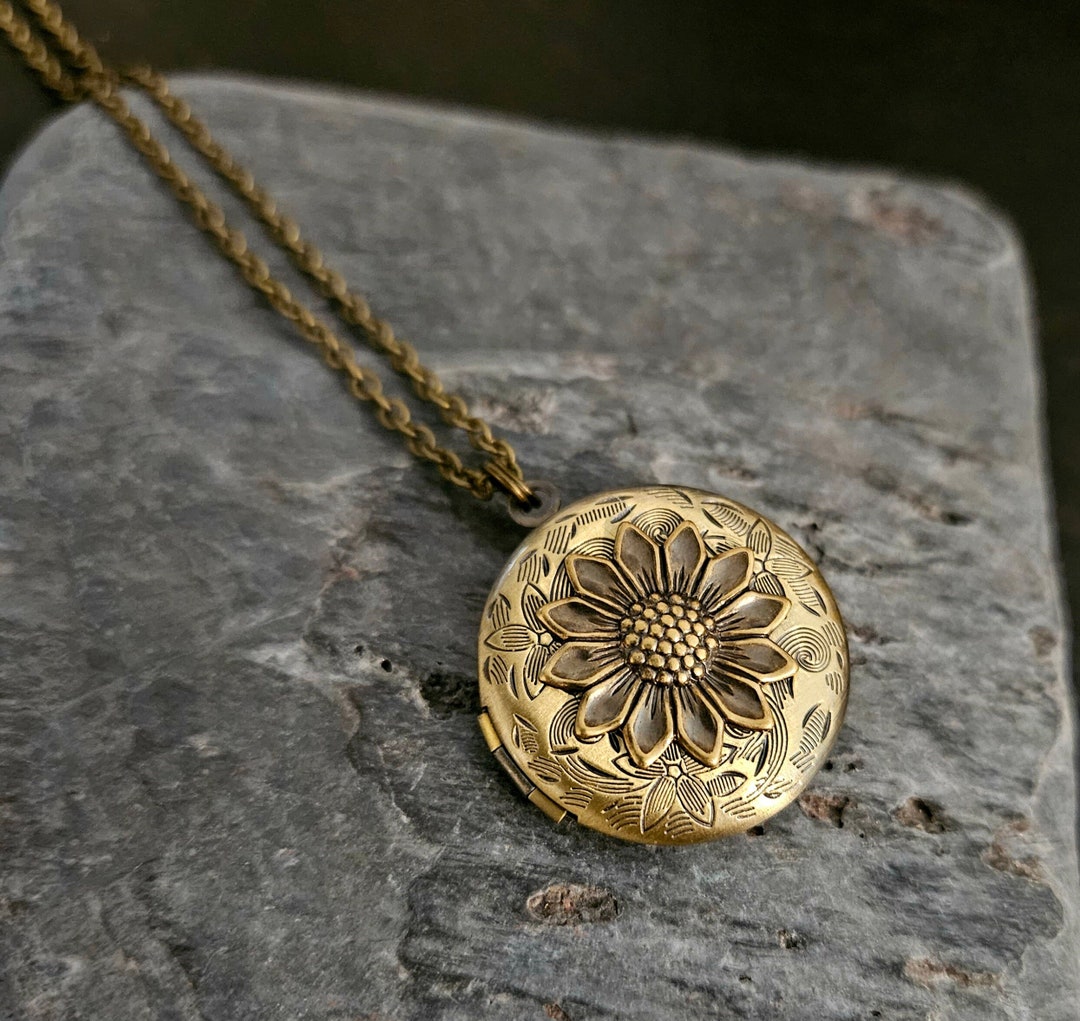 Sunflower Locket Necklace, Flower Locket, Antique Brass Locket, Floral ...