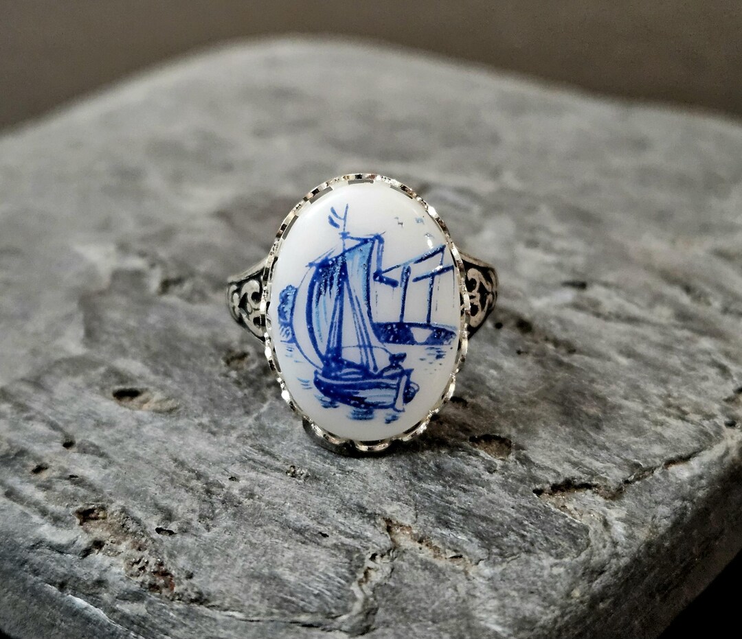 Blue Delft Ring, Sailboat Ring, Porcelain Ring, Cameo Ring, Antique ...