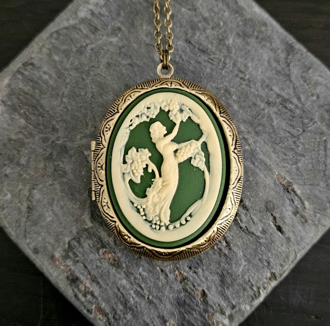 Irish Cameo Locket, Green Cameo Locket, Large Locket, Long Necklace ...