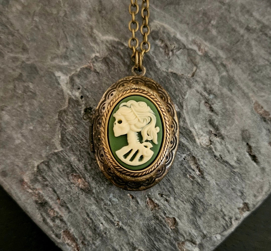 Green Skeleton Cameo Locket: Antiqued Brass Halloween Necklace - Etsy