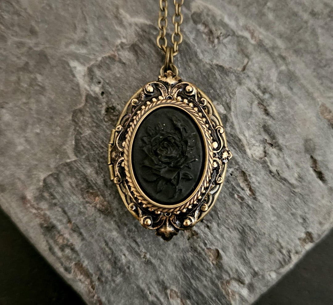 Black Rose Cameo Locket, Gothic Jewelry, Brass Mourning Locket - Etsy