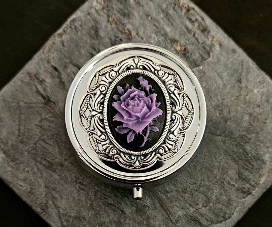 Rose Cameo Pill Box, Silver Pill Box, Purple Rose Pill Box, Stocking ...
