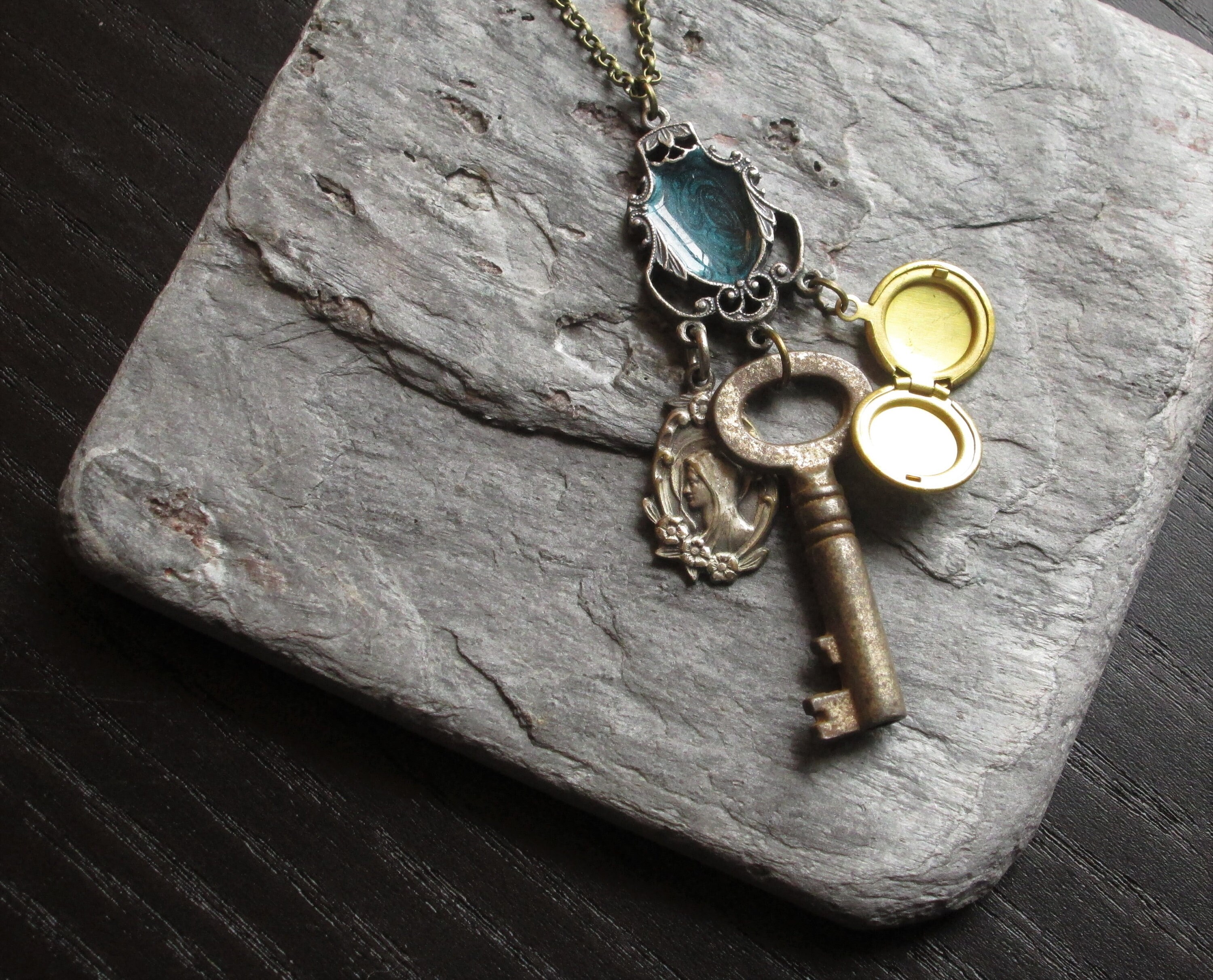 Vintage key locket necklace vintage key necklace heart | Etsy