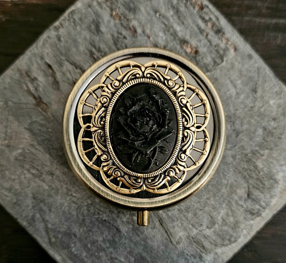 Black Rose Cameo Pill Box, Antique Brass Pill Box, Gothic Pill Box ...