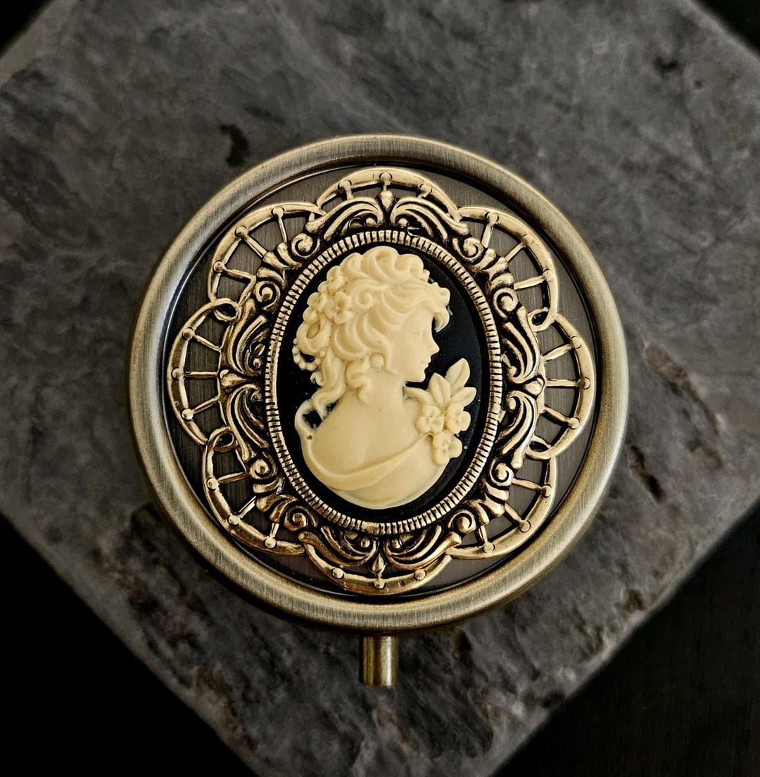 Cameo Pill Box Container, Antique Brass Pill Box, Black Cameo Pill Box ...