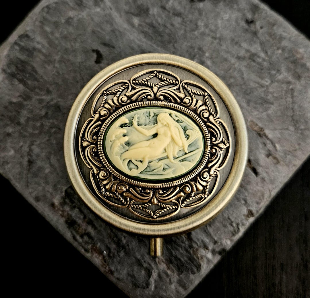 Mermaid Pill Box Container, Antique Brass Pill Box, Mermaid Cameo Pill ...