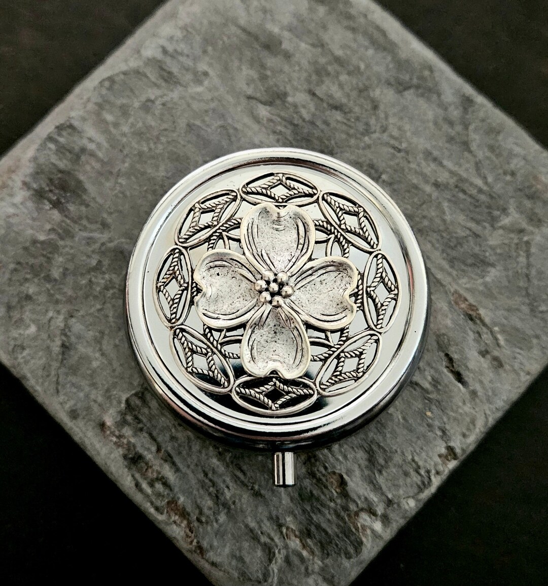 Dogwood Pill Box Container, Silver Pill Box, Flower Pill Box ...