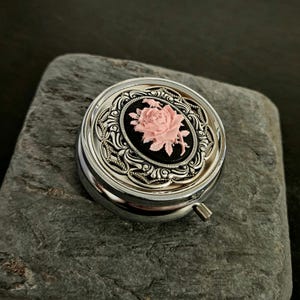 Rose Cameo Pill Box Container, Silver Pill Box, Pink Rose Silver Pill ...