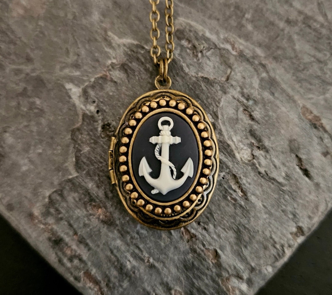 Anchor Cameo Locket, Nautical Cameo Necklace, Antique Brass Locket ...