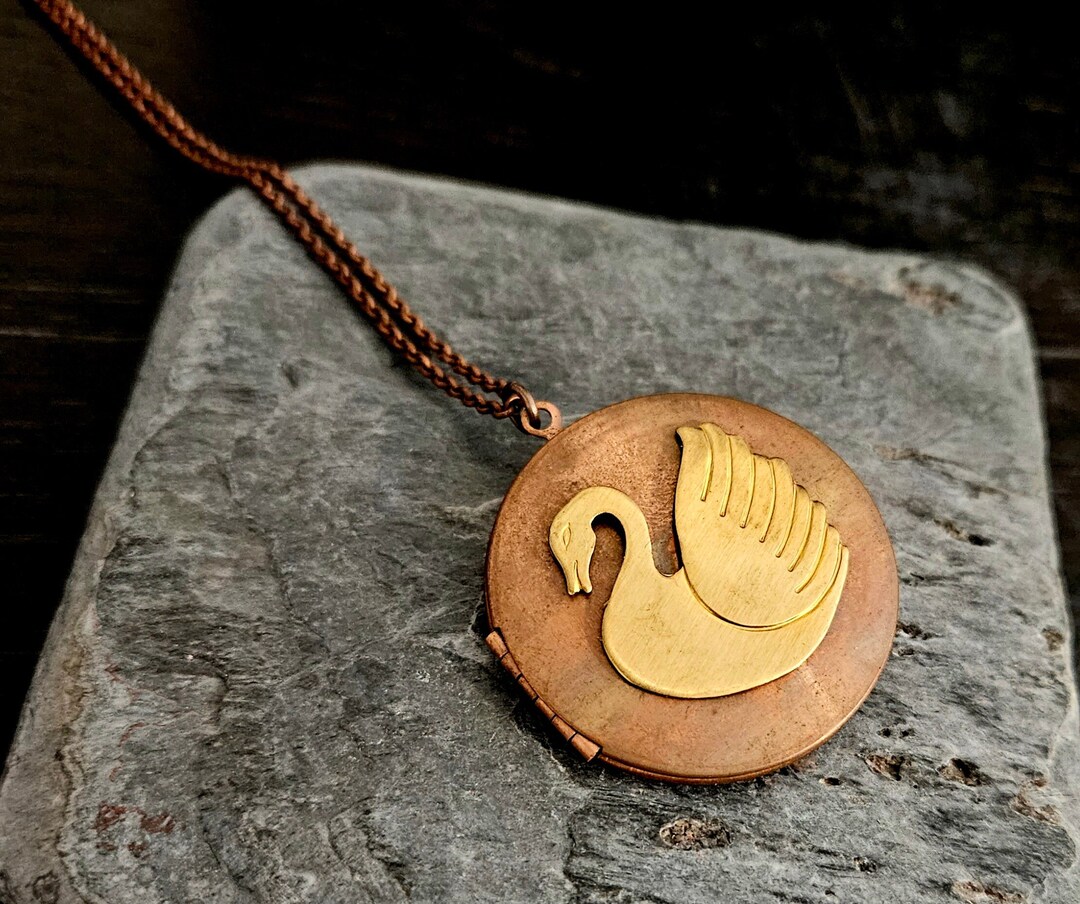 Swan Locket Necklace, Vintage Copper Locket, Bird Locket, Long Locket ...