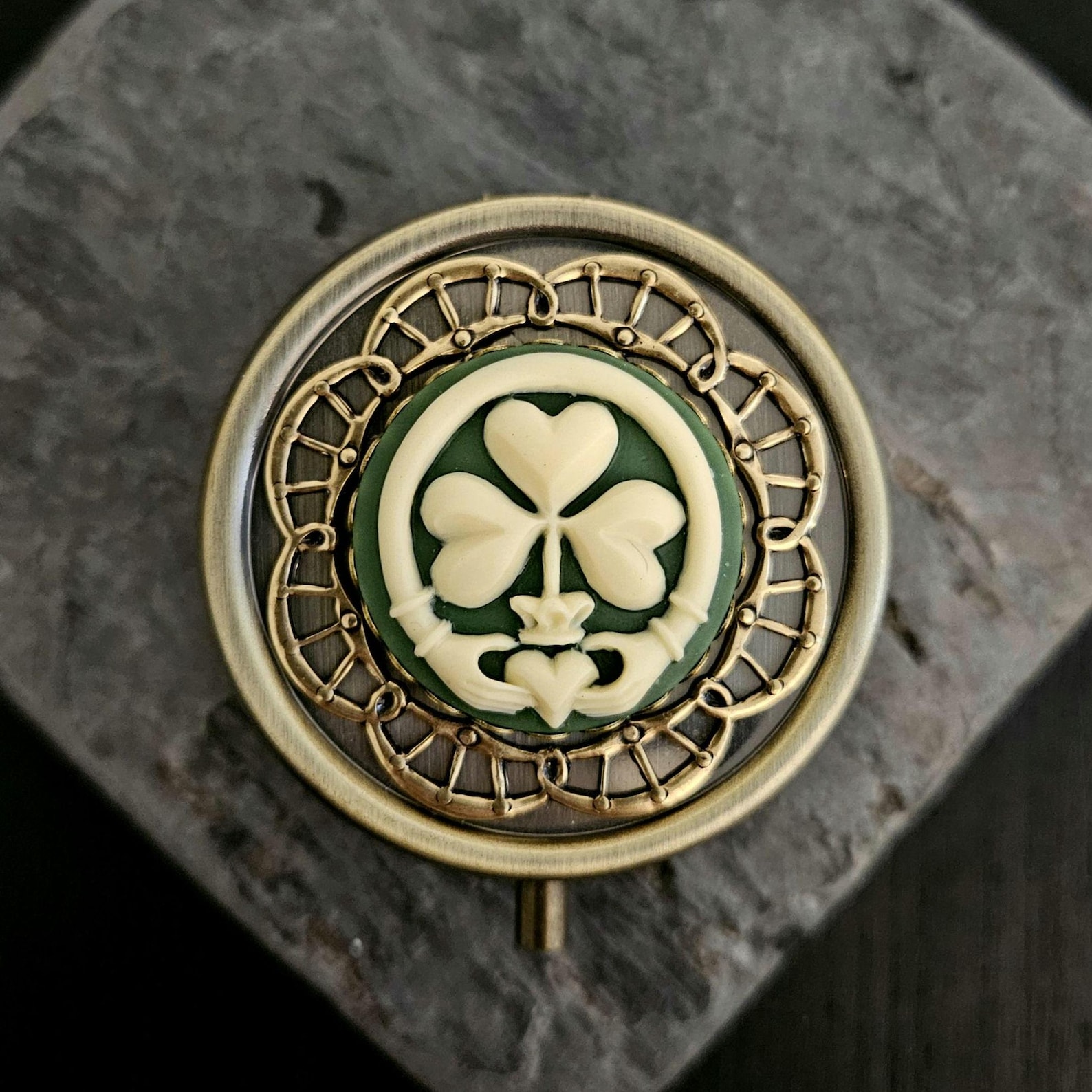 Irish Clover Claddagh Cameo Pill Box, Antiqued Brass Filigree - Etsy