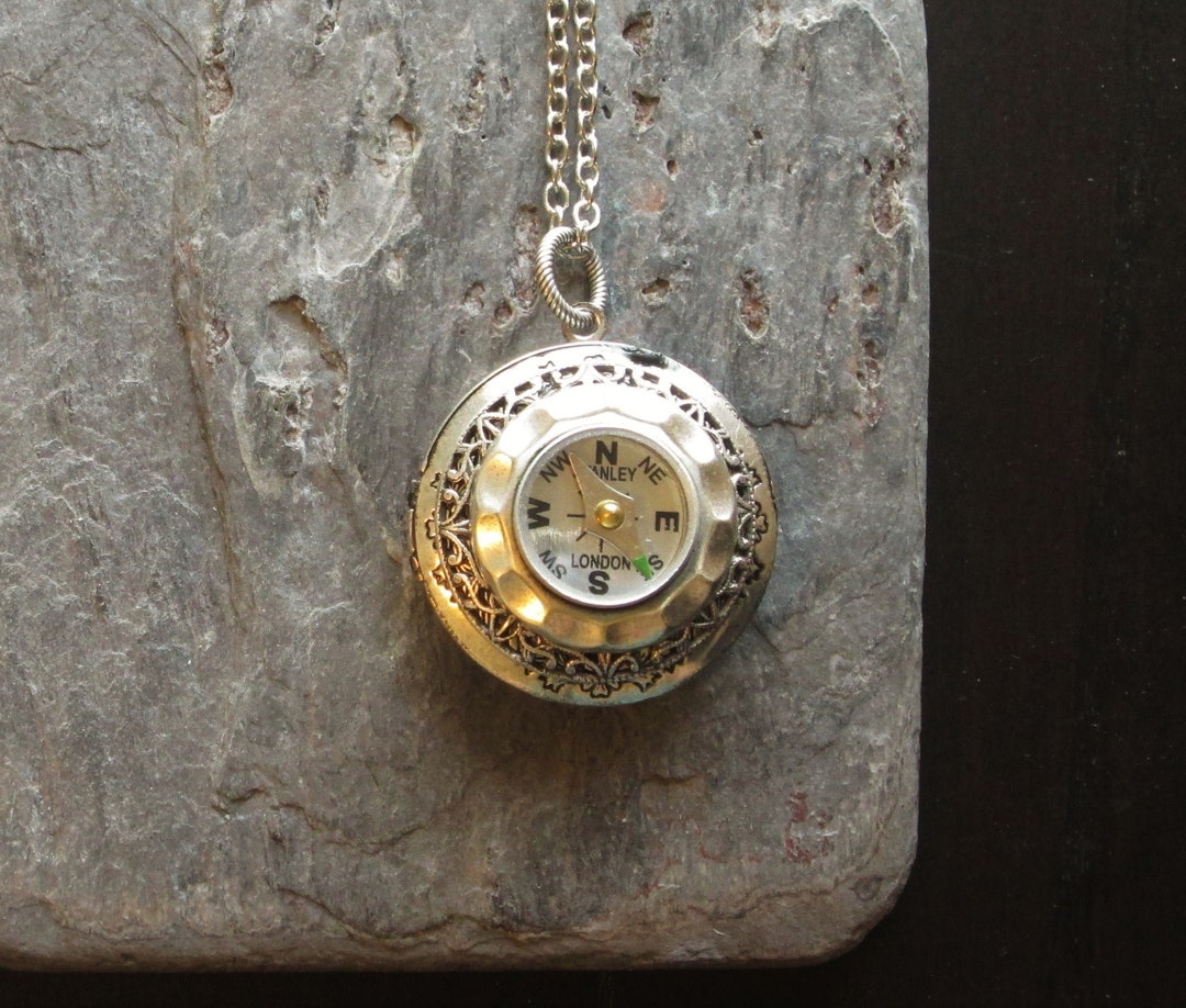 Working Compass Locket Necklace Antique Silver Round Locket - Etsy