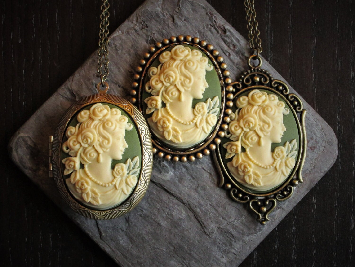 Green cameo locket irish cameo locket large locket long | Etsy