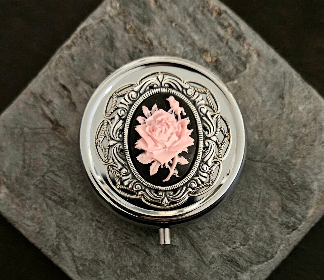 Rose Cameo Pill Box Container, Silver Pill Box, Pink Rose Silver Pill ...