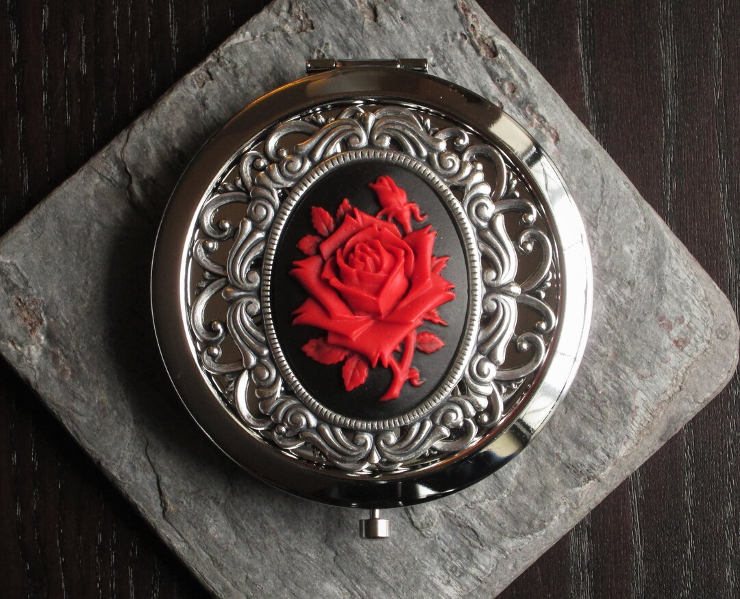 Red Rose Cameo Silver Mirror, Victorian Compact Mirror, Flower Compact ...