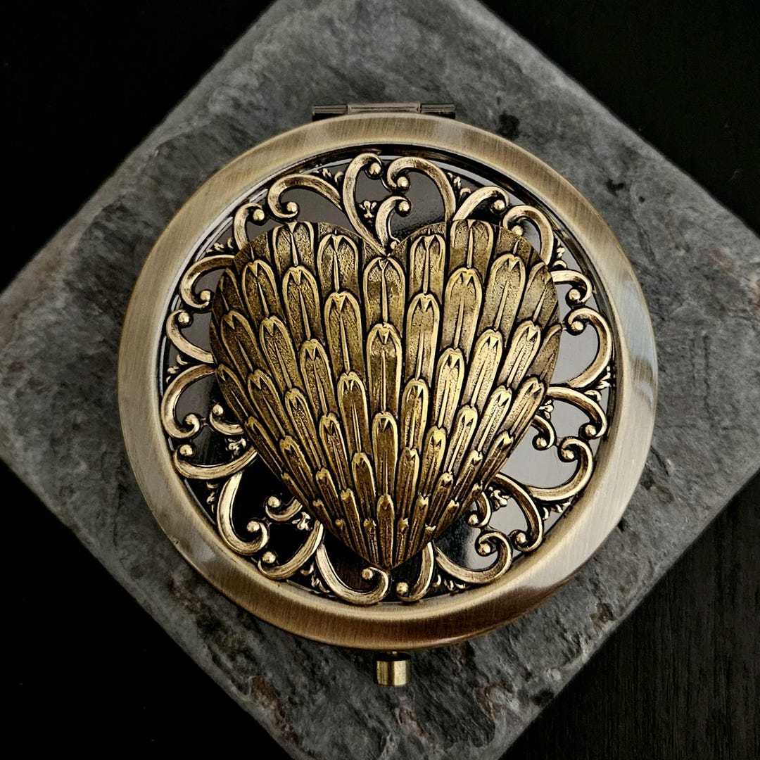 Art Deco Heart Compact Mirror, Antique Brass Compact, Heart Compact ...
