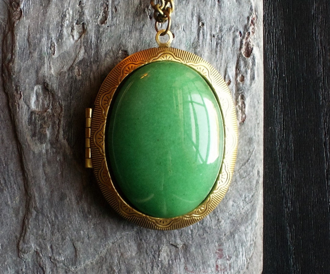 Green Aventurine Locket, Gemstone Locket Necklace, Antique Brass Locket ...