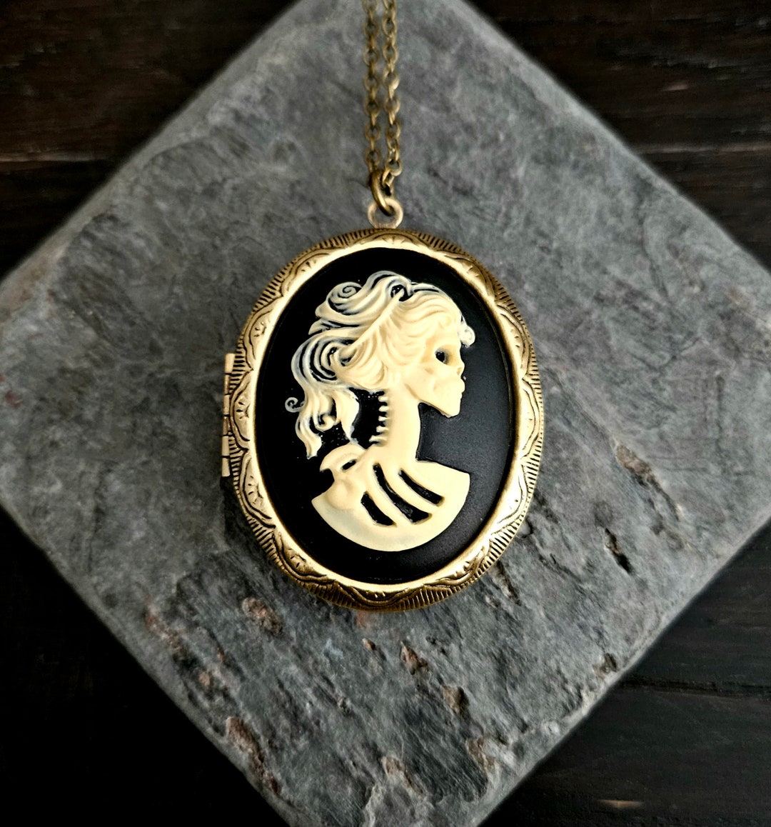 Skeleton Cameo Locket, Black Cameo Necklace, Gothic Cameo Locket ...