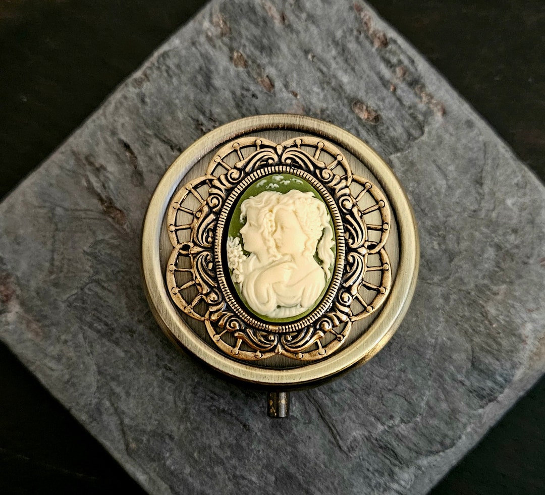 Irish Sisters Cameo Pill Box Container, Antique Brass Pill Box, Gemini ...