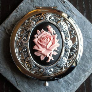 Pink Rose Cameo Silver Mirror, Flower Compact Mirror, Rose Compact ...