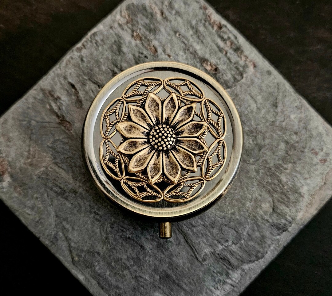 Sunflower Pill Box, Antique Brass Pill Box, Flower Pill Box, Bridesmaid ...