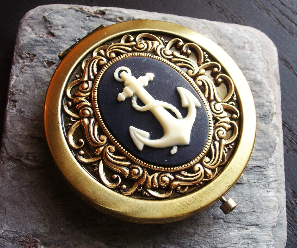 Nautical Anchor Mirror Antique Brass Cameo Compact Mirror - Etsy