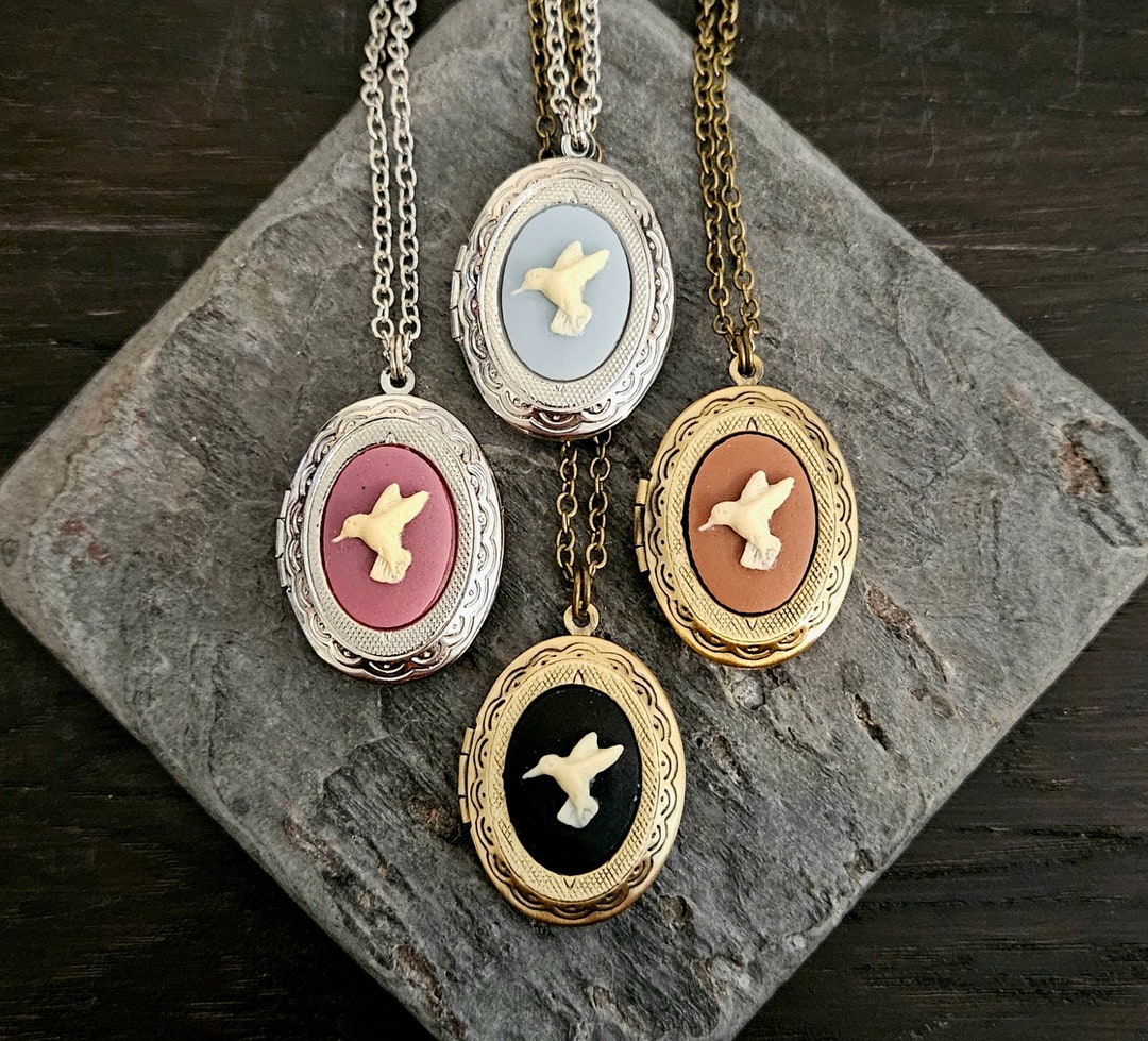 Hummingbird Locket Necklace, Silver Cameo Locket, Dove Locket, Bird ...