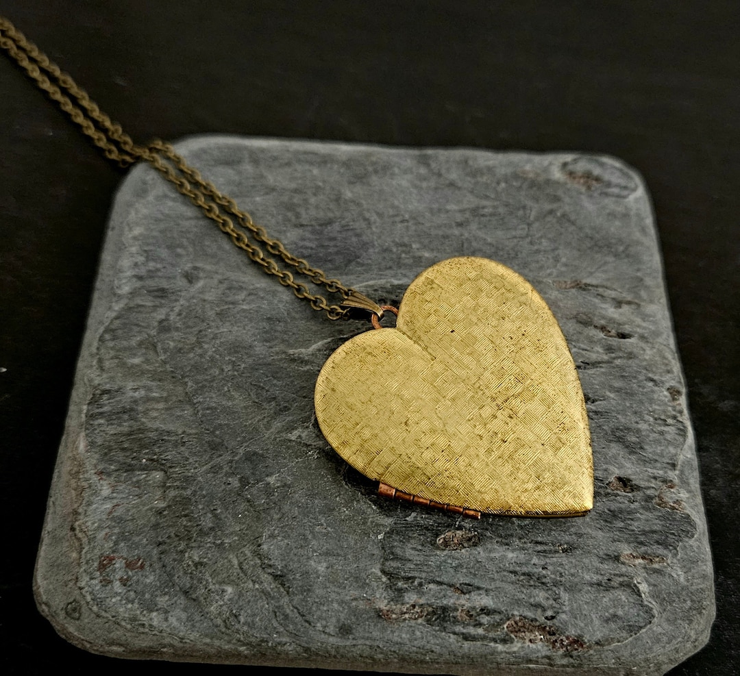Brass Heart Locket, Vintage Brass Locket, Long Locket Necklace ...