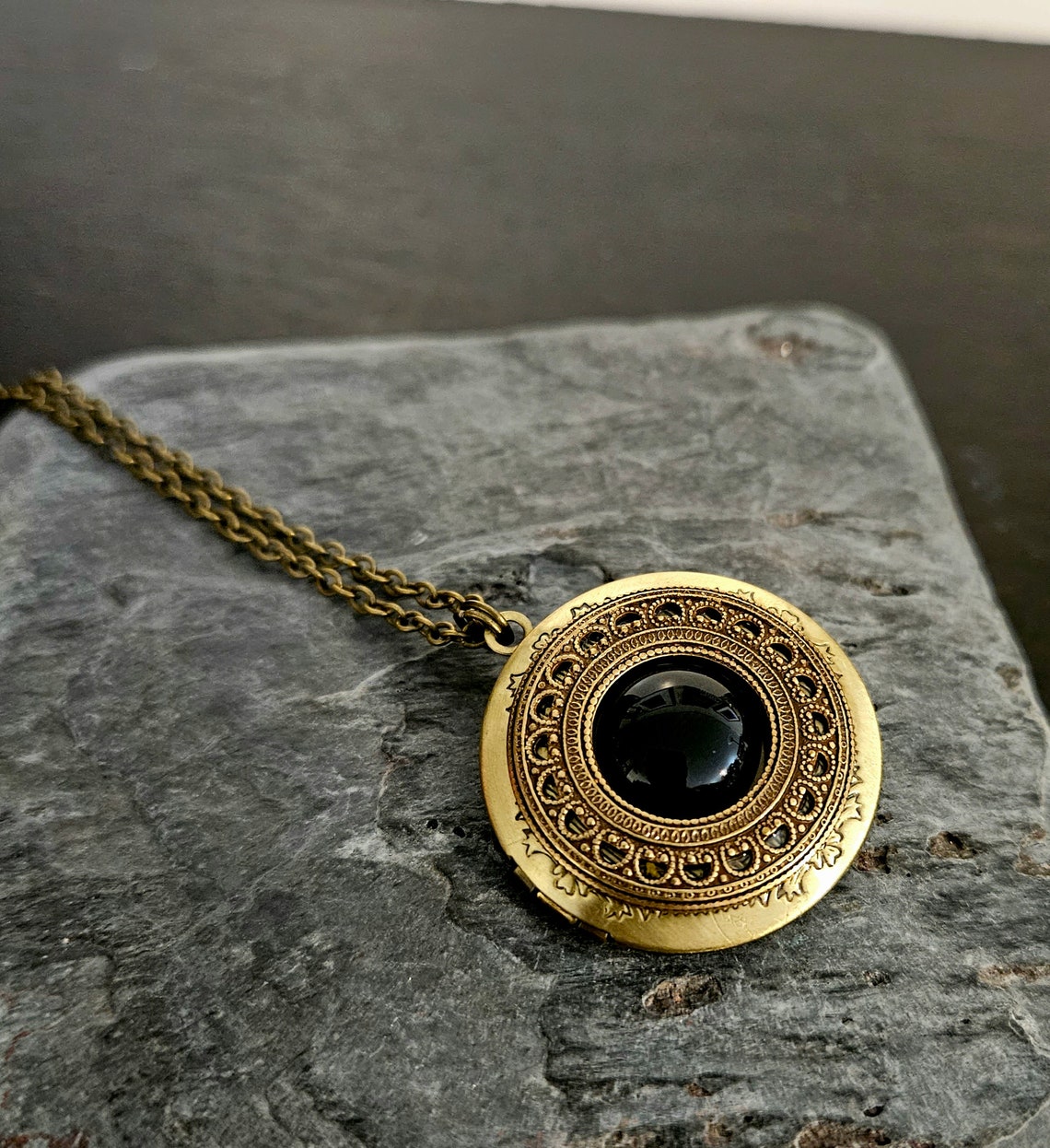 Onyx Locket, Black Gemstone Locket, Onyx Jewelry, Black Locket, Bronze ...