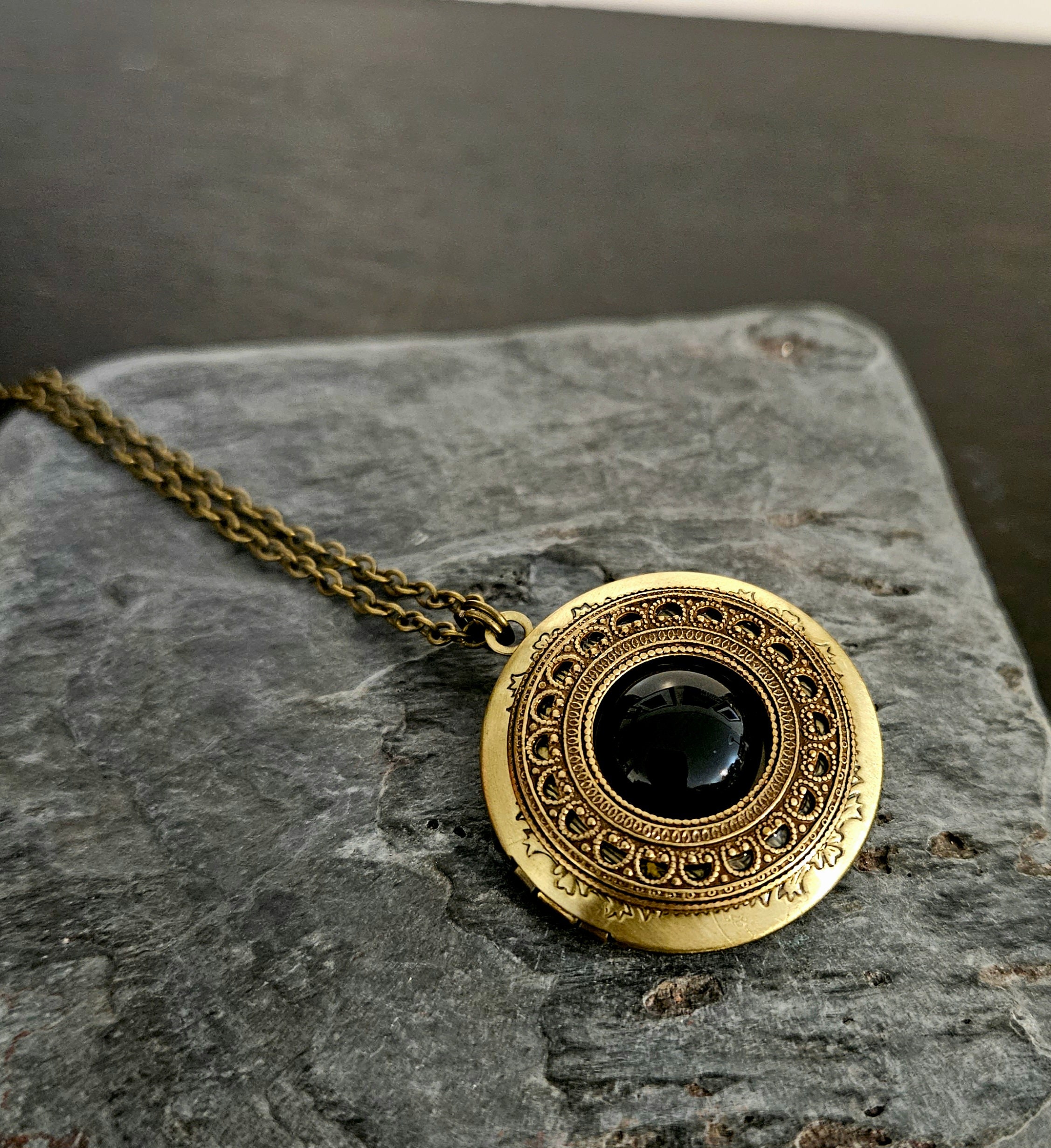 Onyx Locket, Black Gemstone Locket, Onyx Jewelry, Black Locket, Bronze ...