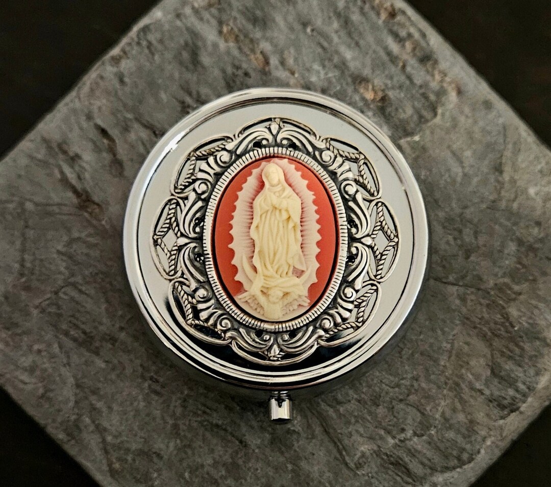 Our Lady of Guadalupe Pill Box Container, Virgin Mary Cameo Silver Pill ...