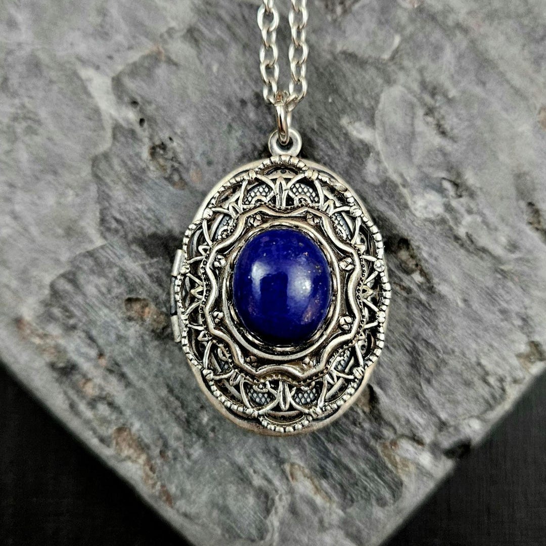 Lapis Lazuli Locket, Blue Gemstone Locket, Lapis Necklace, Silver ...