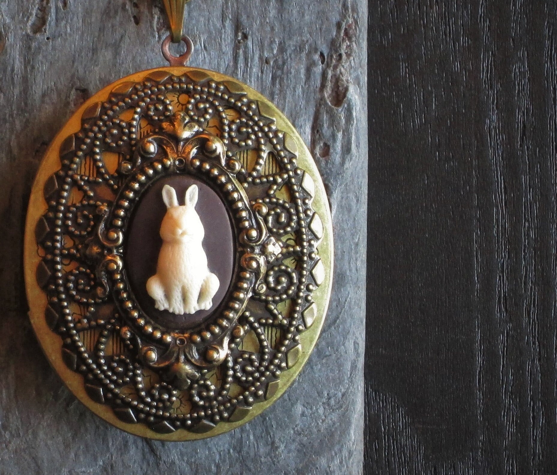 Rabbit cameo locket long necklace large locket animal | Etsy