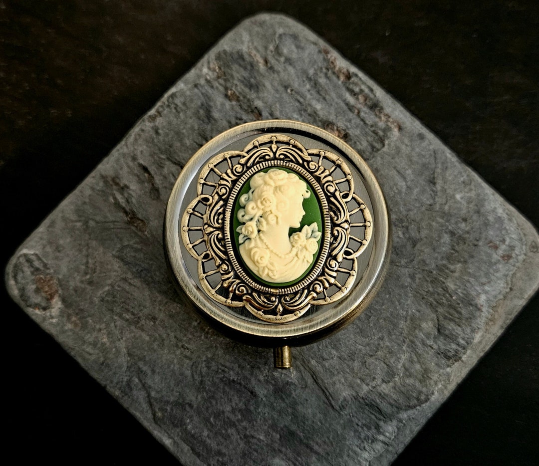 Irish Pill Box Container, Antique Brass Cameo Pill Box, Green Cameo ...