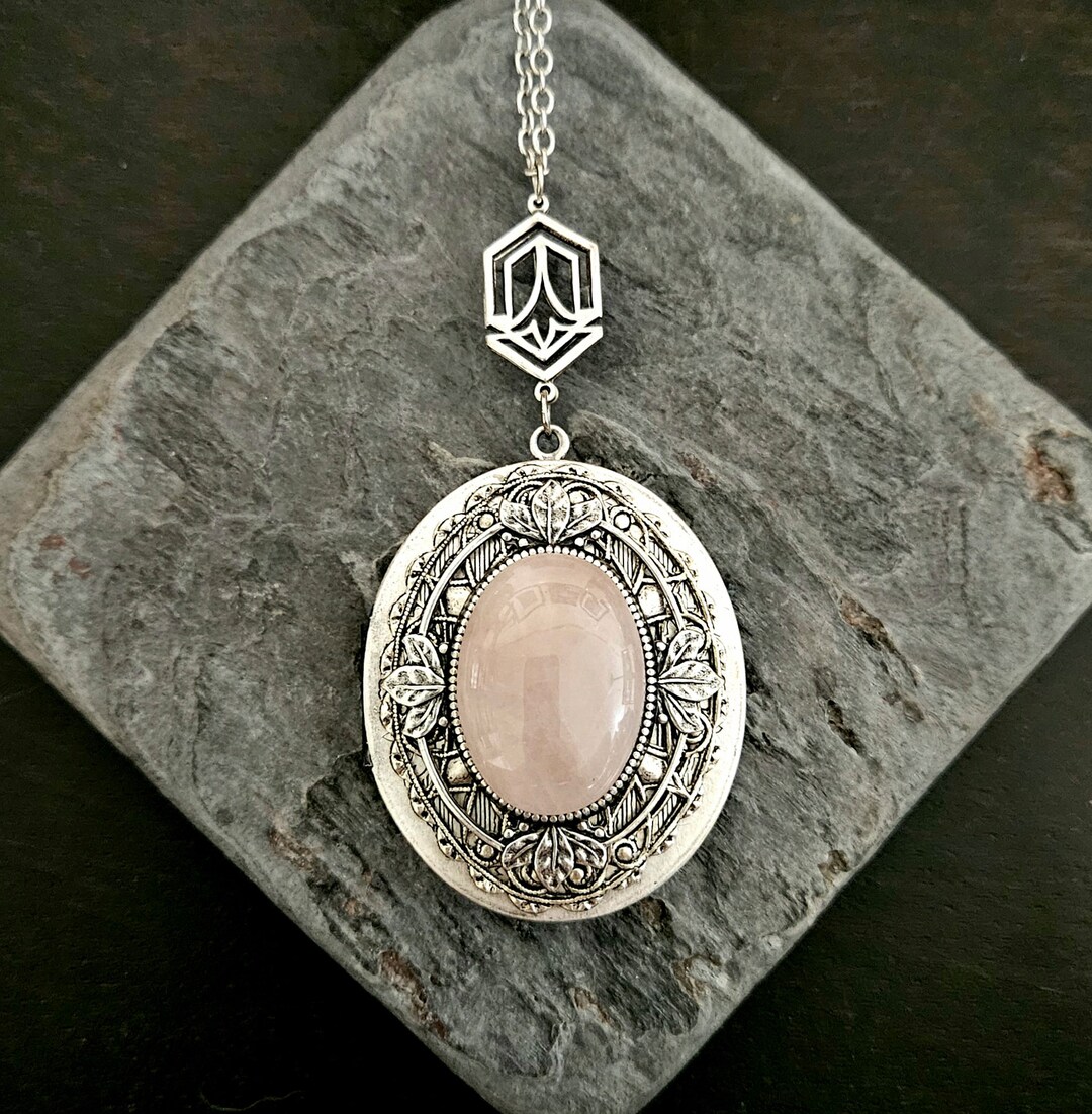 Art Deco Rose Quartz Locket Oval Gemstone Locket Large - Etsy