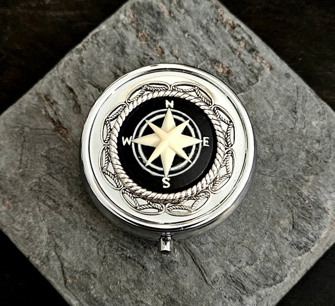 Compass Rose Pill Box, Nautical Cameo Pill Box, Silver Pill Box ...