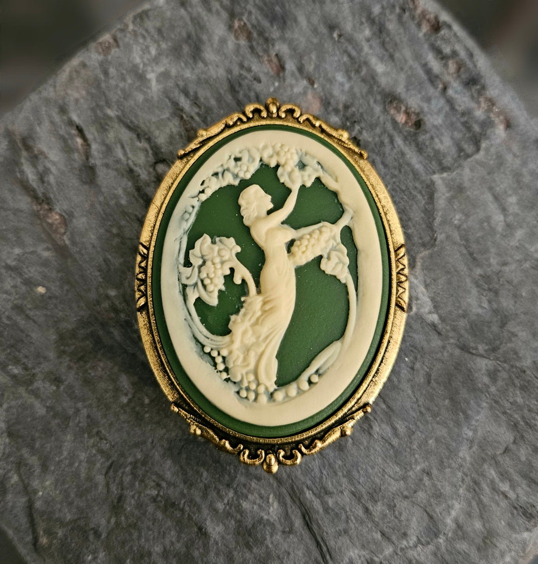 Irish Green Cameo Brooch, Antique Gold Brooch, Victorian Brooch, Green ...