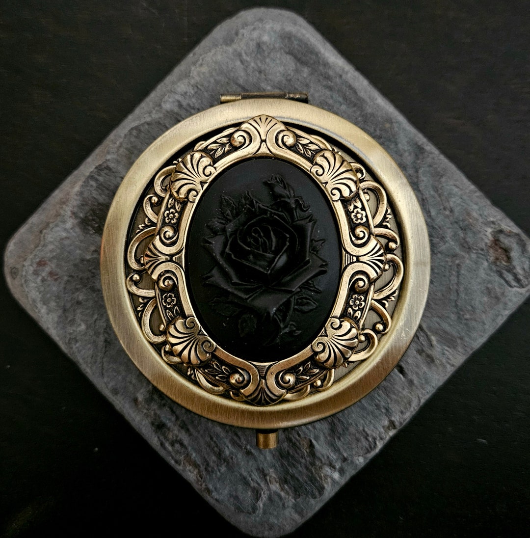 Black Rose Antique Brass Compact Mirror, Victorian Cameo Mirror ...