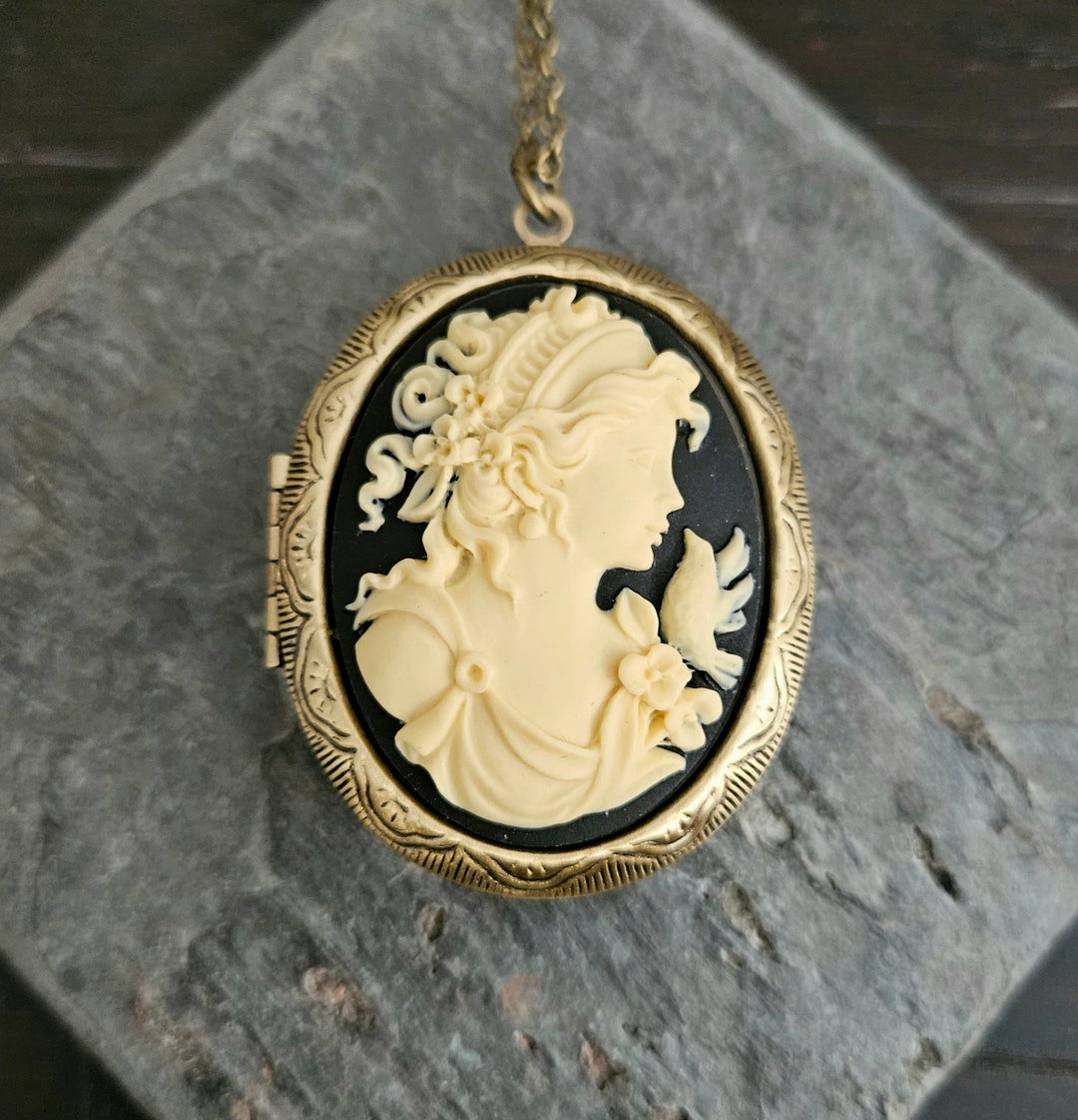 Black Cameo Locket, Long Necklace, Large Locket, Antique Brass Locket ...